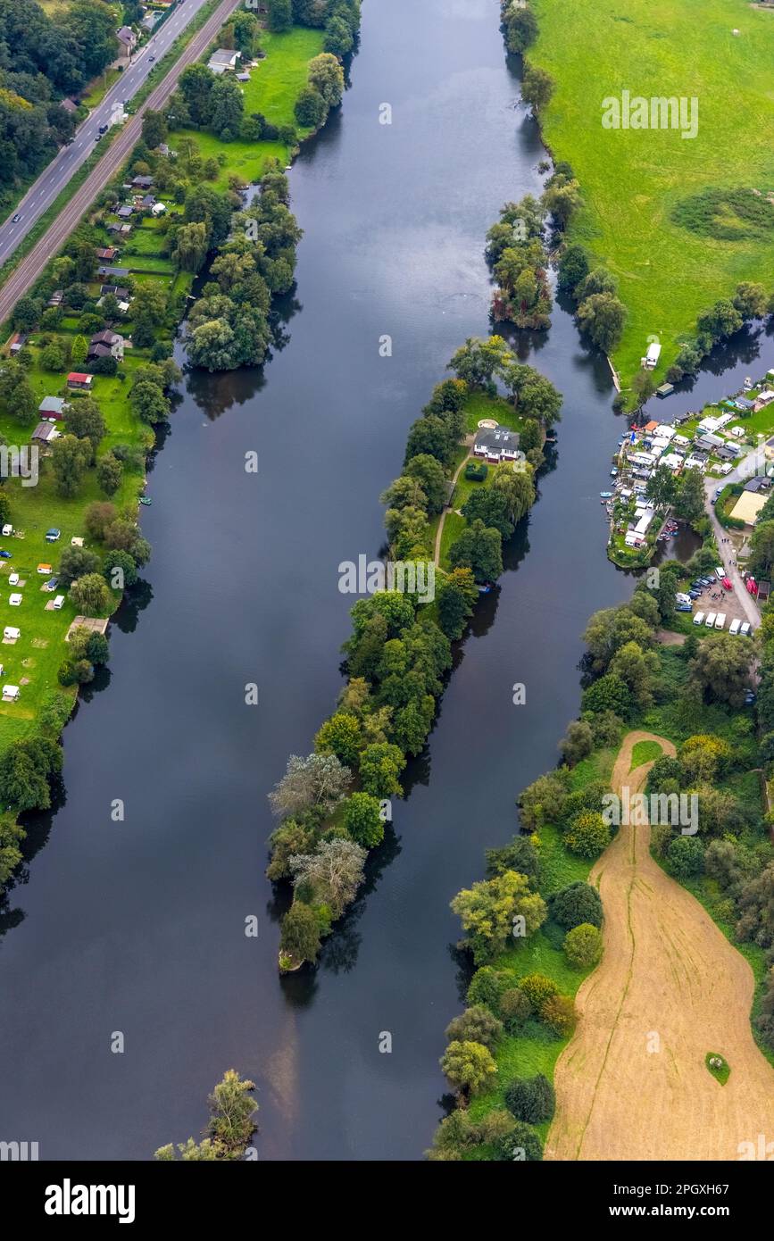 Aerial view, Ruhr river with Steger campsite and Ruhr island in Bommern ...