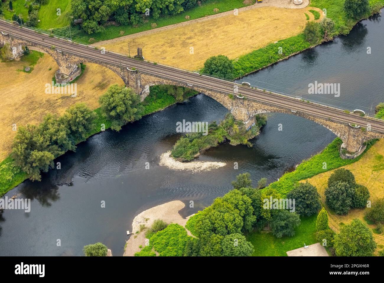 Aerial view, Ruhr viaduct Witten railroad bridge and river Ruhr in ...
