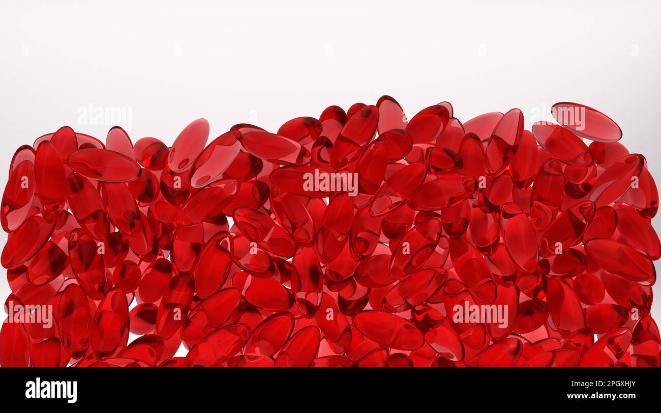 Many 3D rendered red gel pill tablets contained in frame over white ...