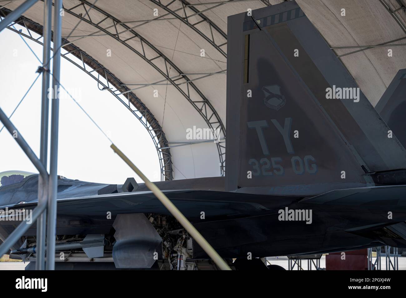 A U.S. Air Force F-22 Raptor displays a Tyndall Air Force Base tail ...