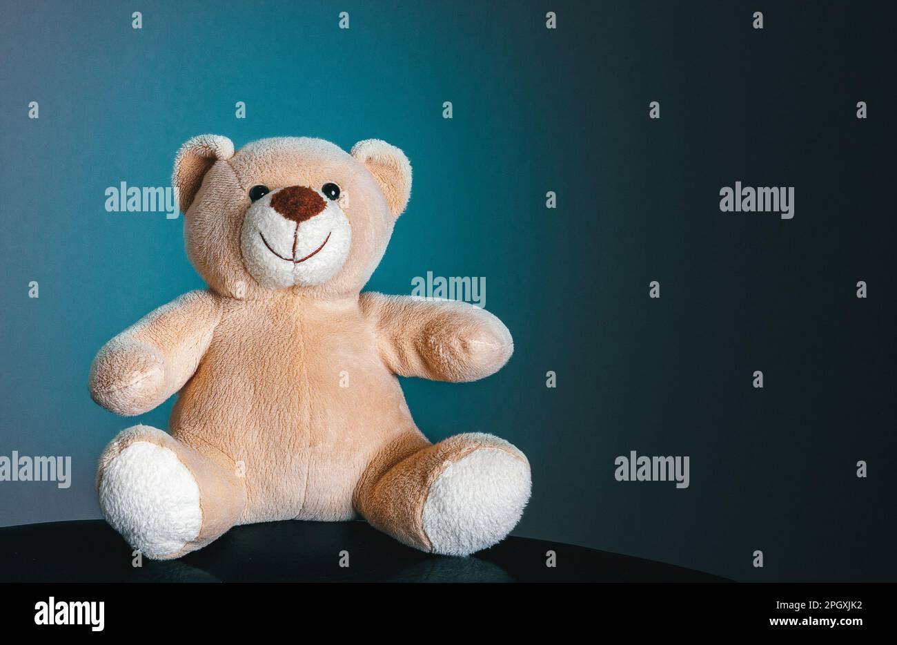 children toy teddy bear cheerfully sits on at blue background and ...