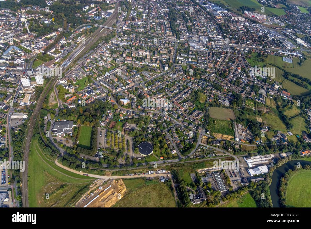 Aerial view, old town with railroad station, telecommunications tower ...