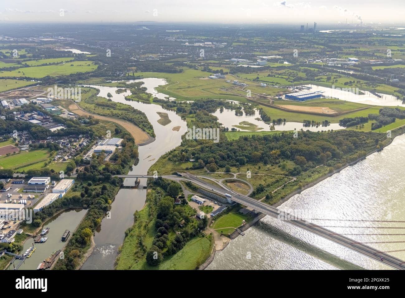 Aerial view, The mouth of the river Lippe into the river Rhine with the ...
