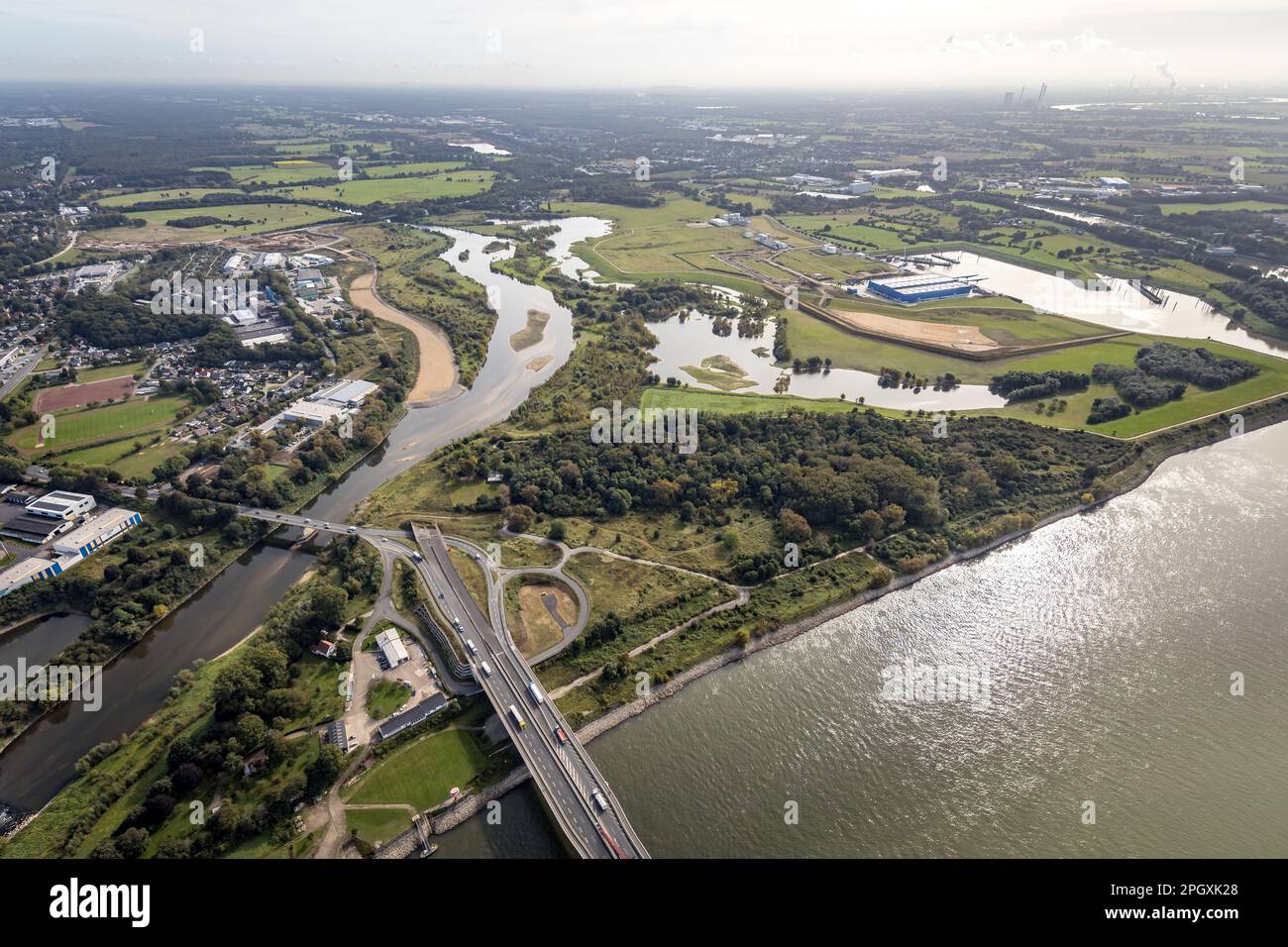 Aerial view, The mouth of the river Lippe into the river Rhine with the ...