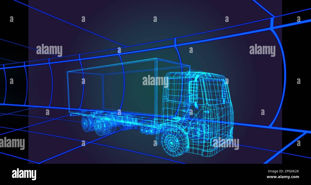 Composition of digital truck over lines on blue background Stock Photo ...
