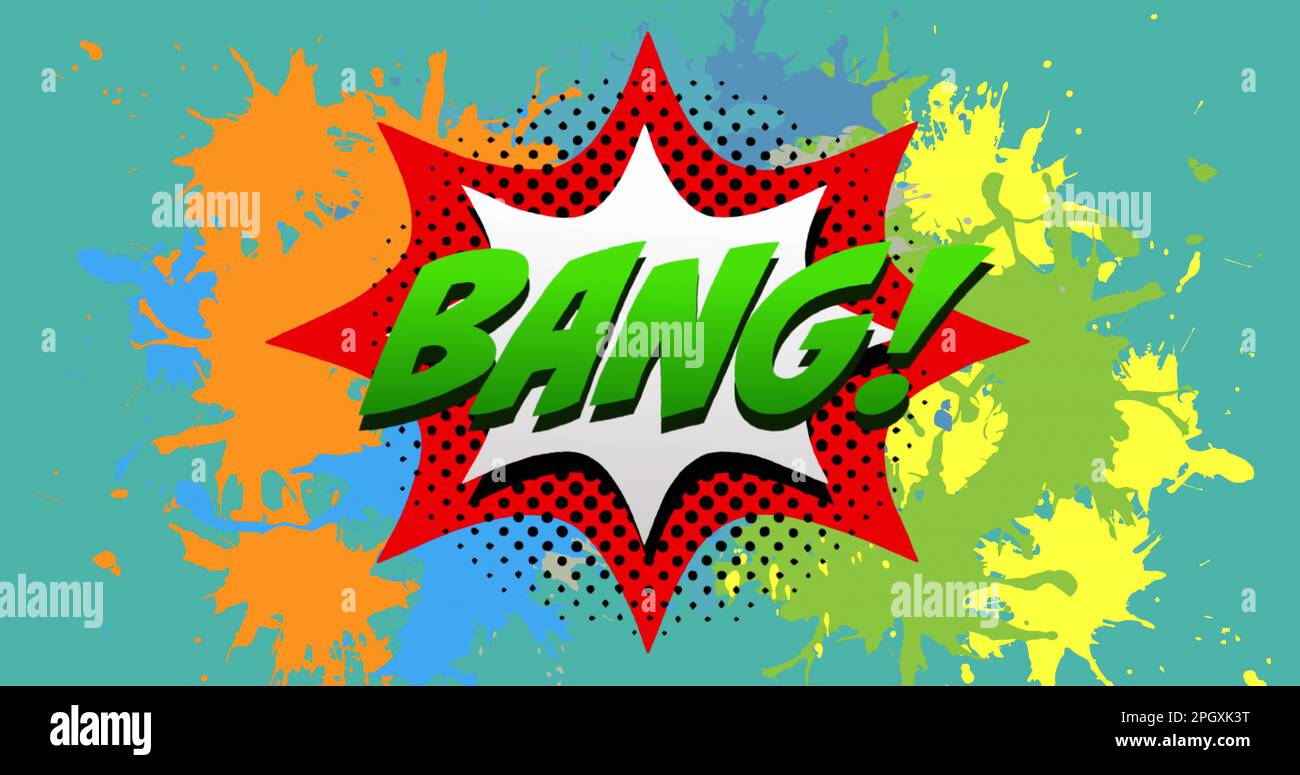Composition of bang text over colorful stains on green background Stock ...