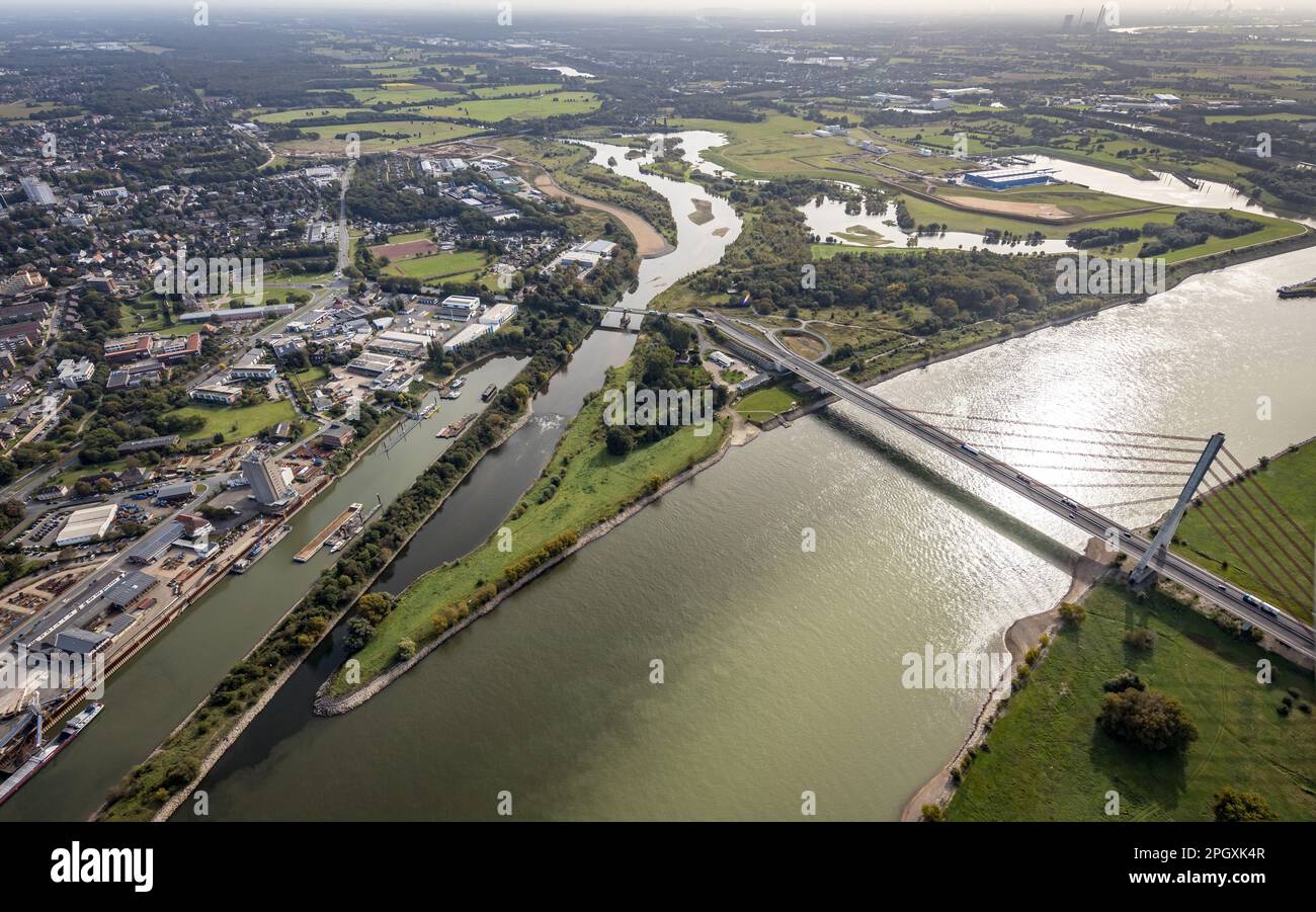 Aerial view, The mouth of the river Lippe into the river Rhine with the ...