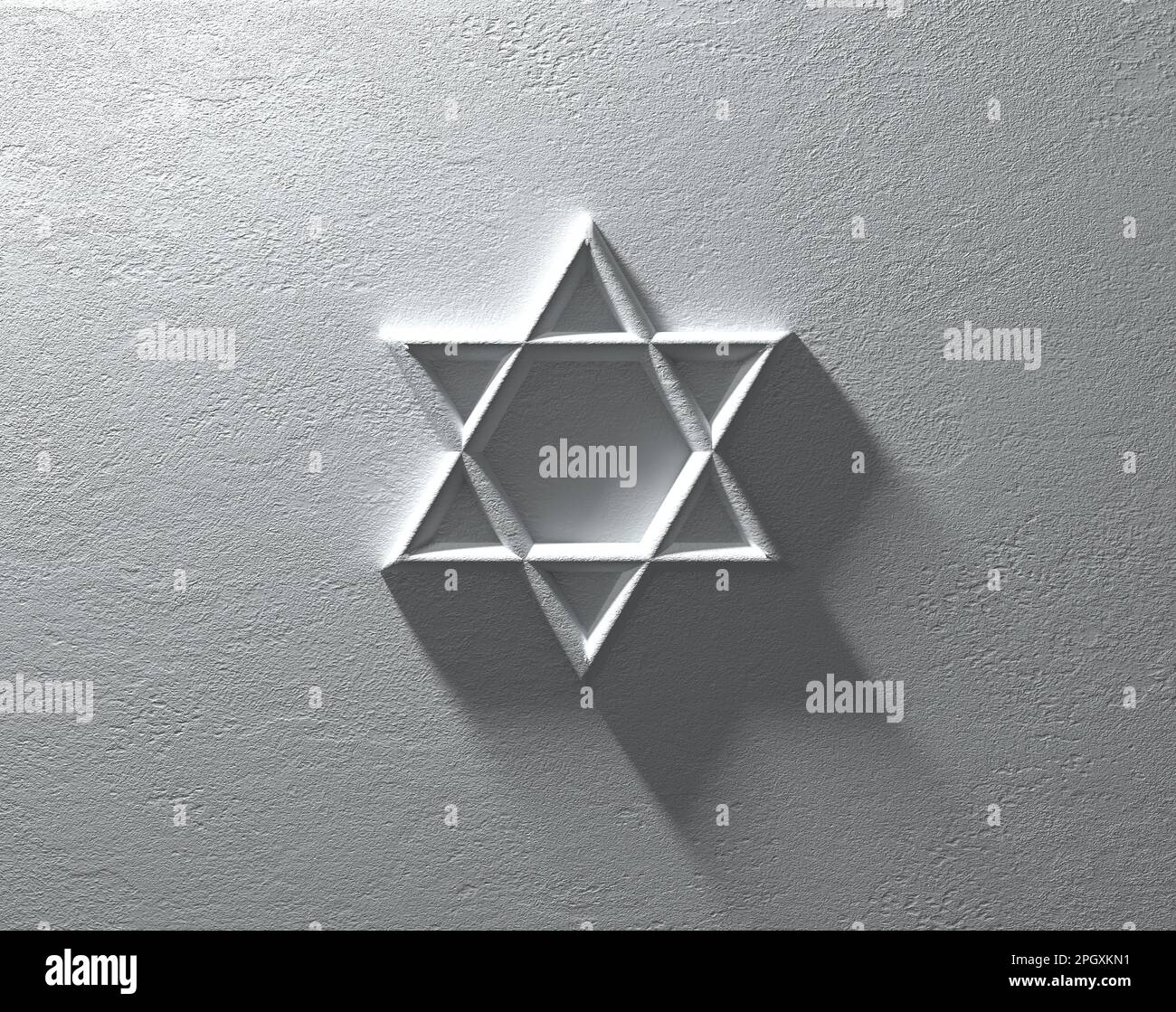 A 3d rendered Star of David on a dramatically lit whte textured wall ...