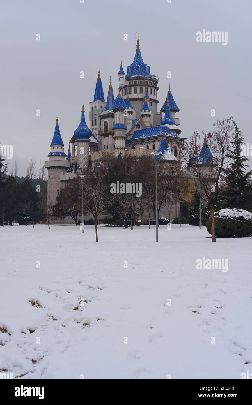 Nostalgic vintage castle in Sazova Park Eskisehir with blue towers ...