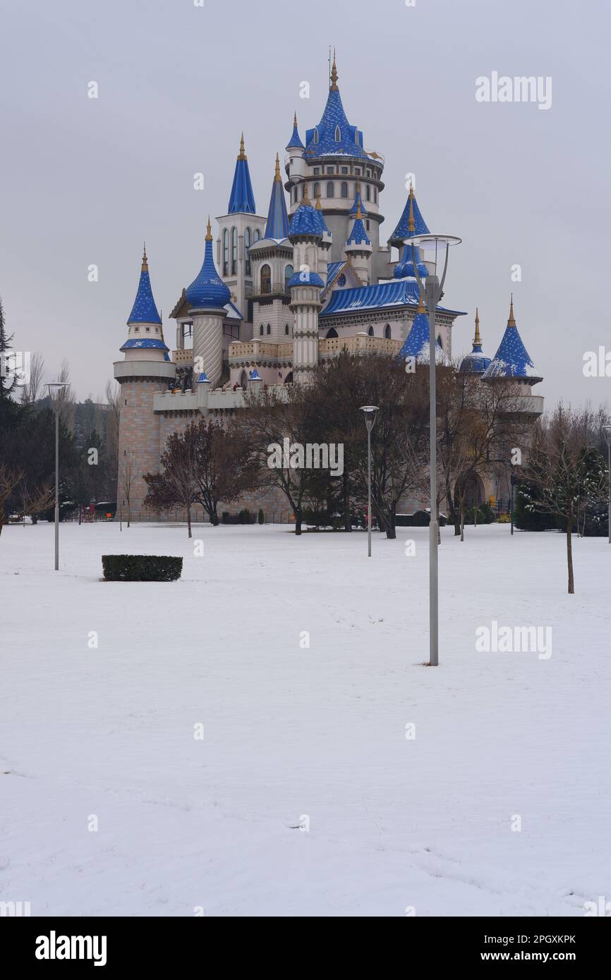 Nostalgic vintage castle in Sazova Park Eskisehir with blue towers ...
