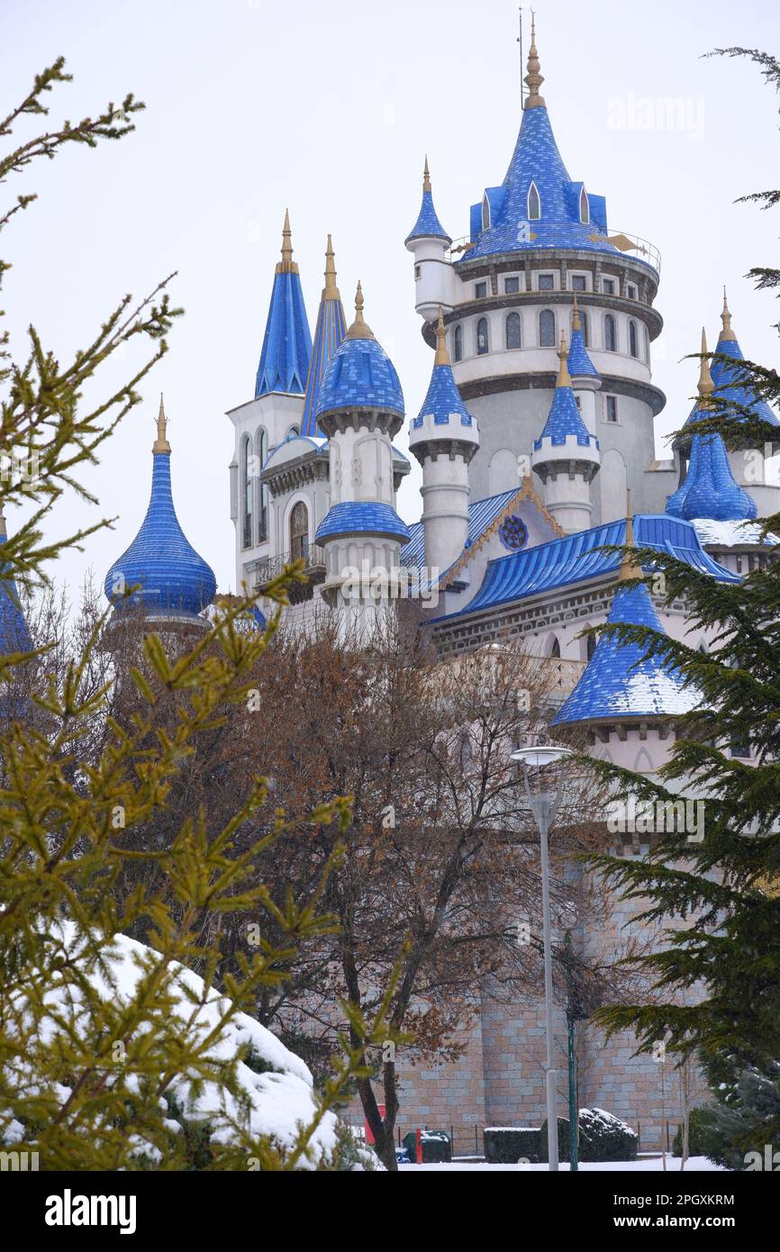 Nostalgic vintage castle in Sazova Park Eskisehir with blue towers ...