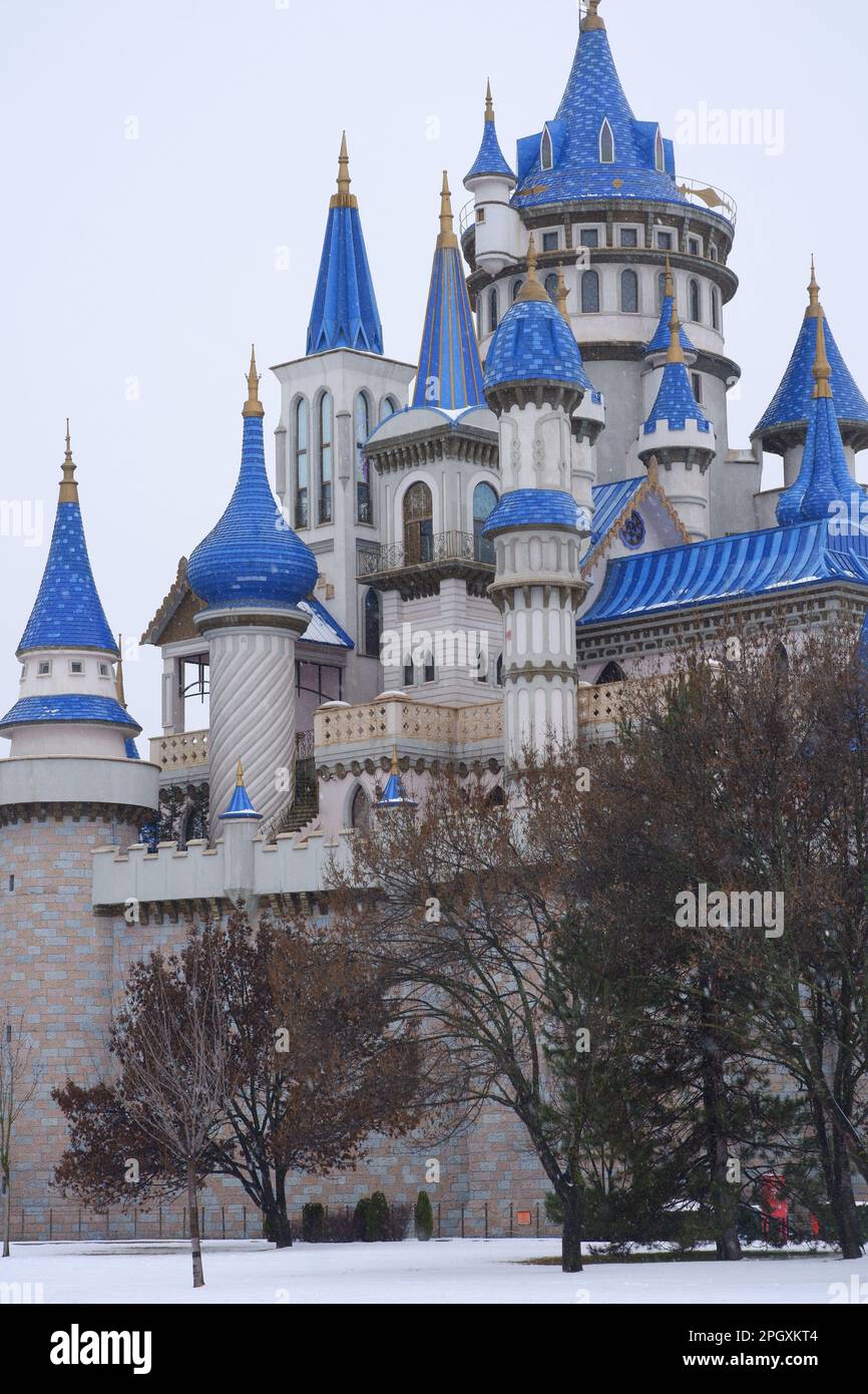 Nostalgic vintage castle in Sazova Park Eskisehir with blue towers ...