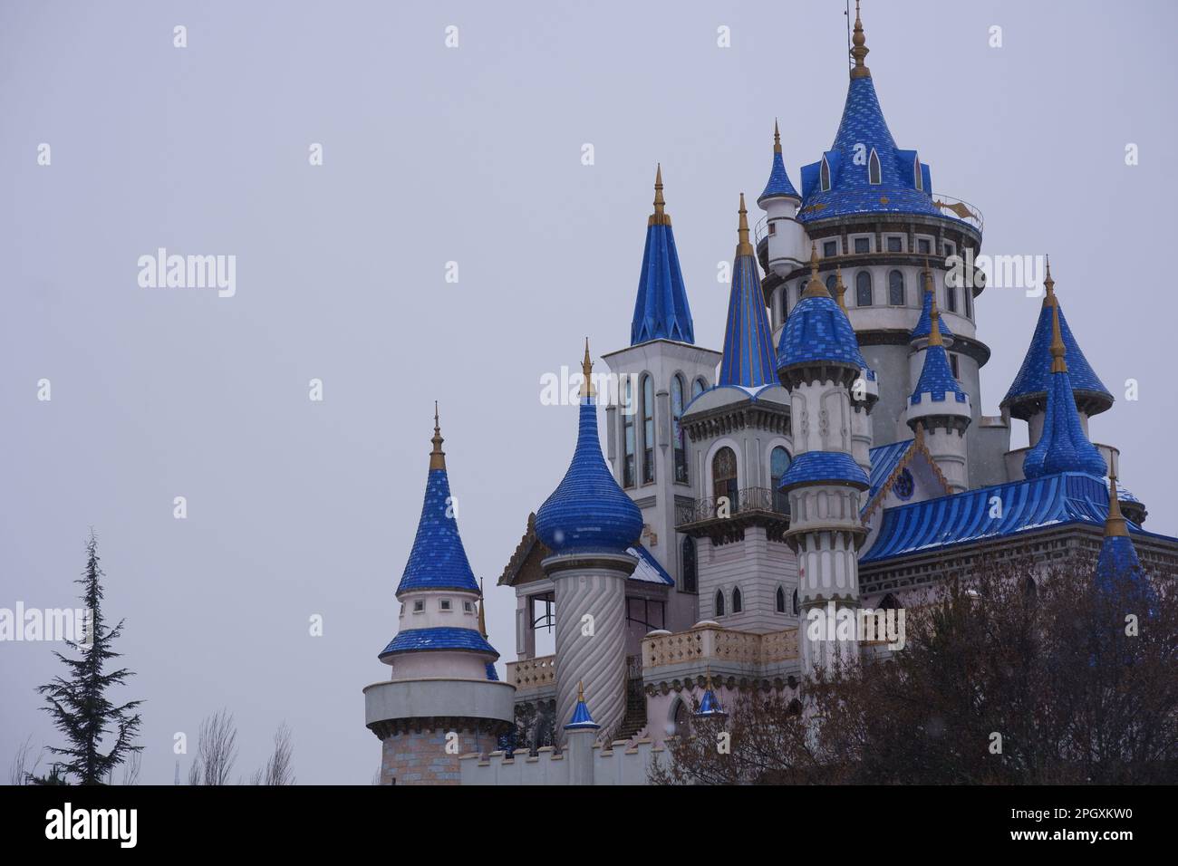 Nostalgic vintage castle in Sazova Park Eskisehir with blue towers ...