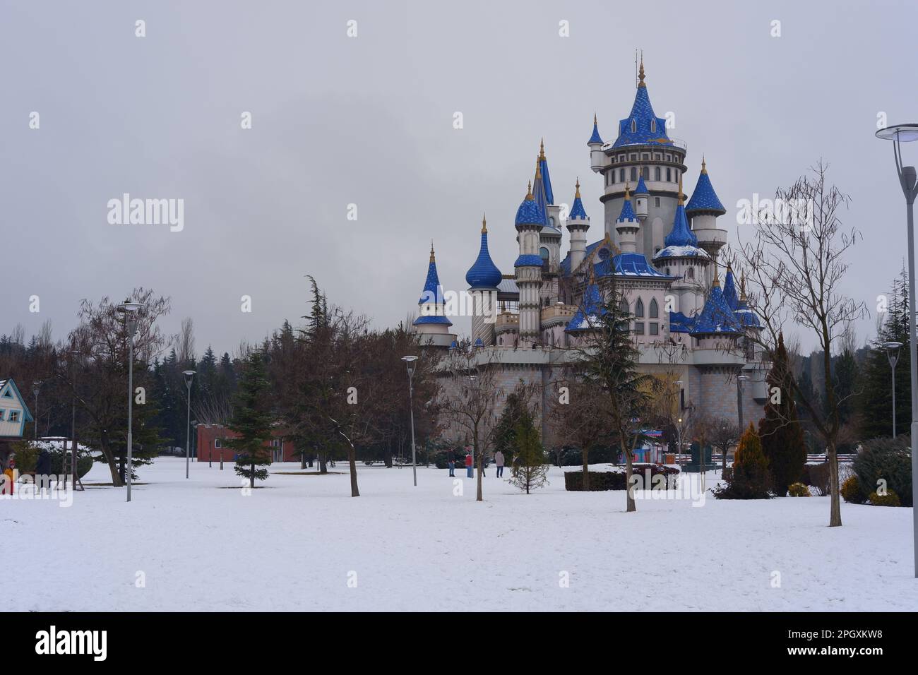Nostalgic vintage castle in Sazova Park Eskisehir with blue towers ...