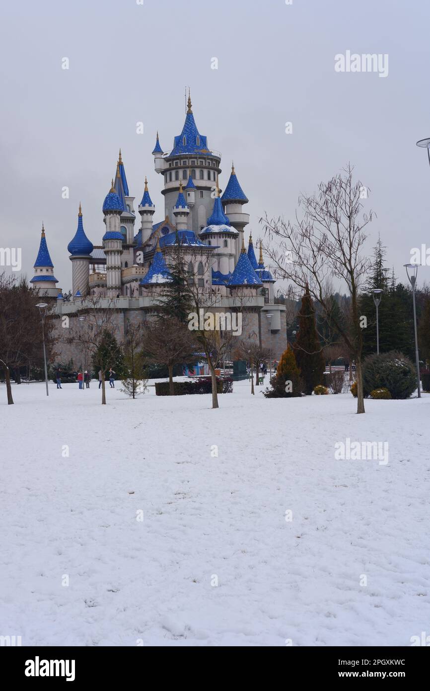 Nostalgic vintage castle in Sazova Park Eskisehir with blue towers ...
