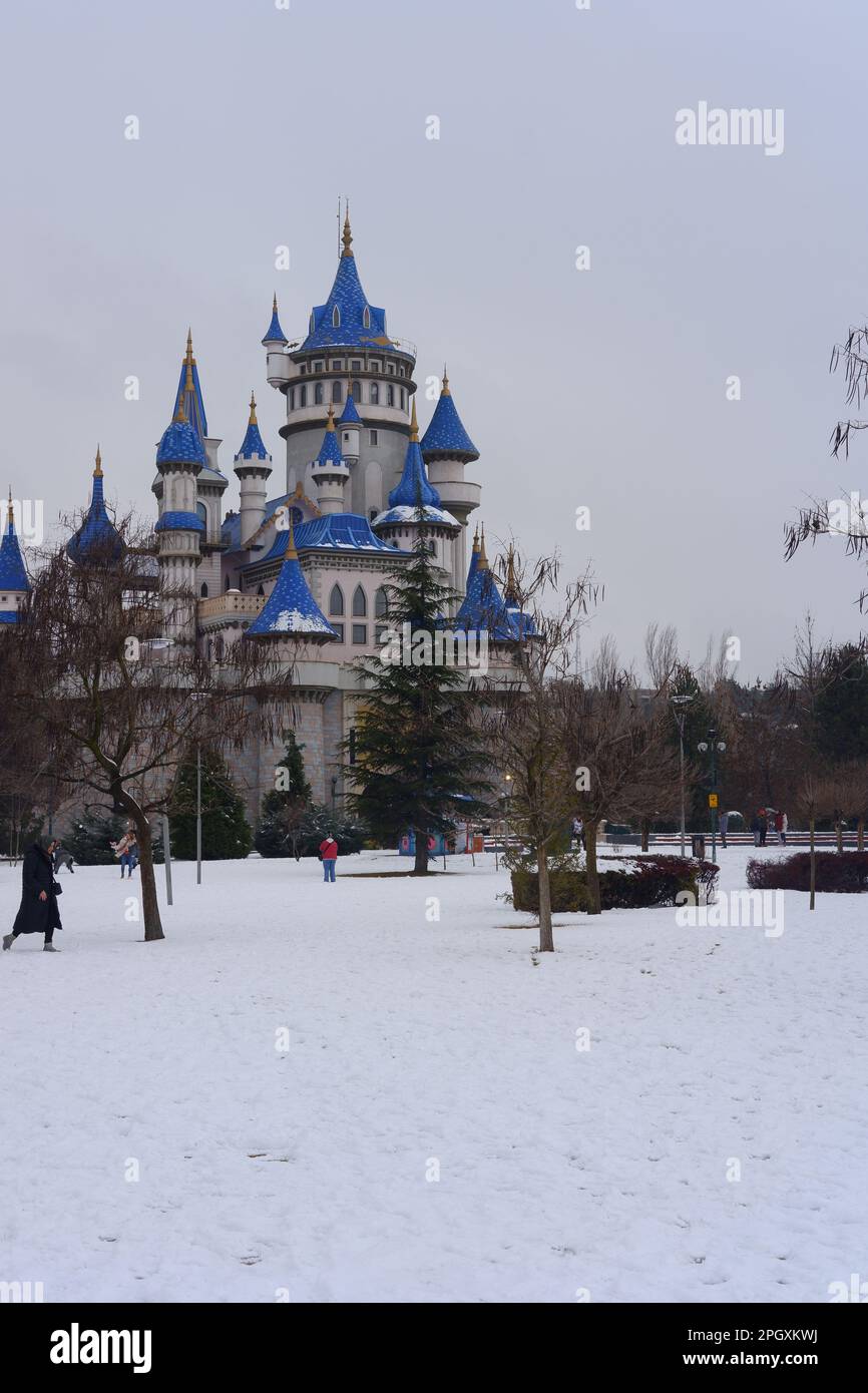 Nostalgic vintage castle in Sazova Park Eskisehir with blue towers ...