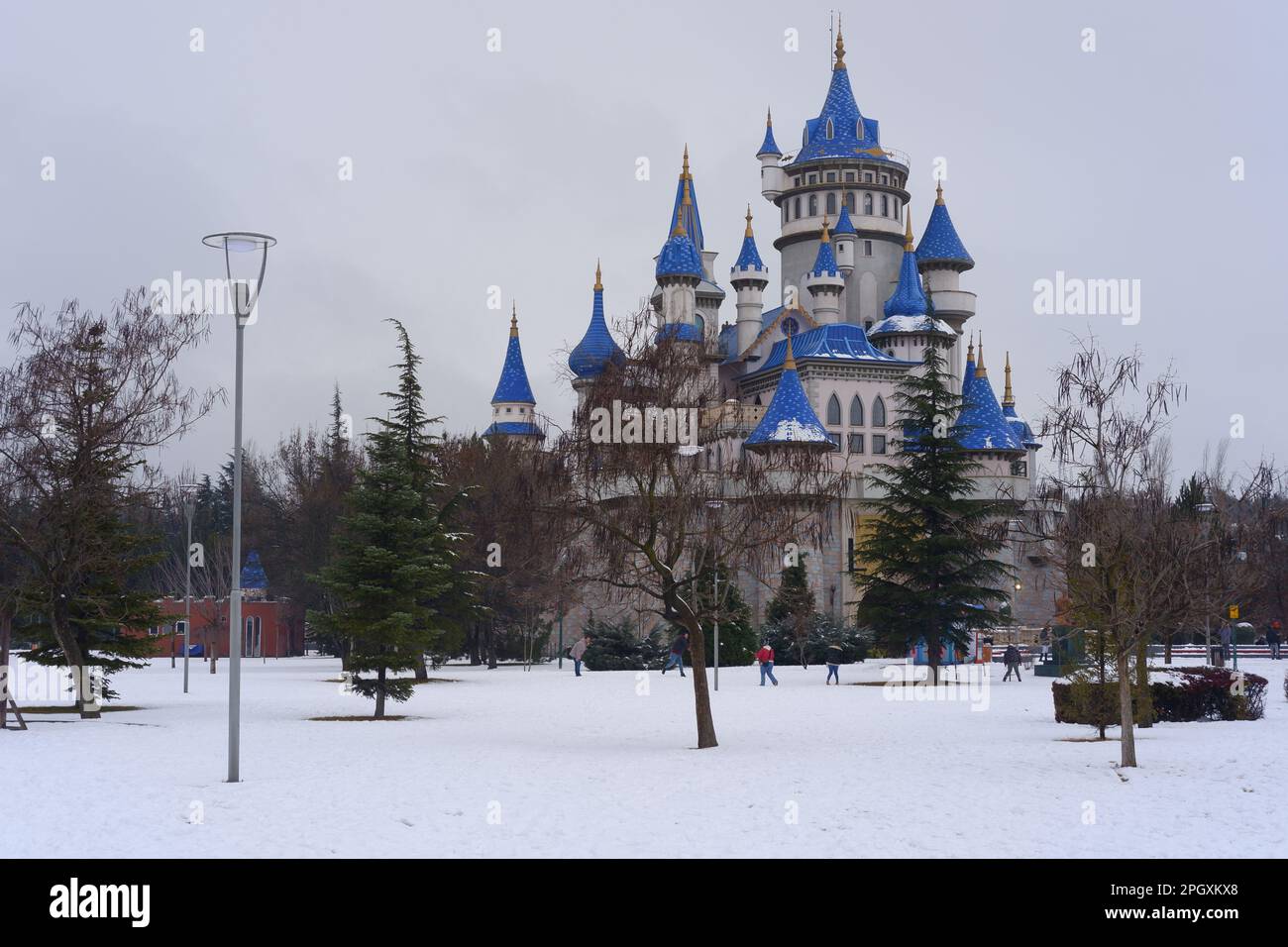 Nostalgic vintage castle in Sazova Park Eskisehir with blue towers ...