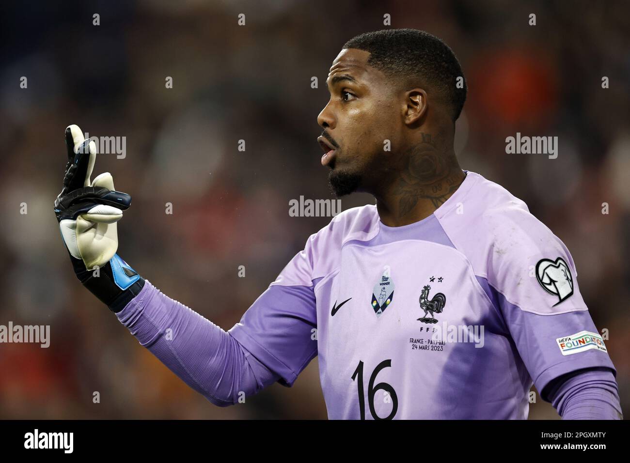SAINT-DENIS - France goalkeeper Mike Maignan during the UEFA EURO 2024 qualifying match between ...