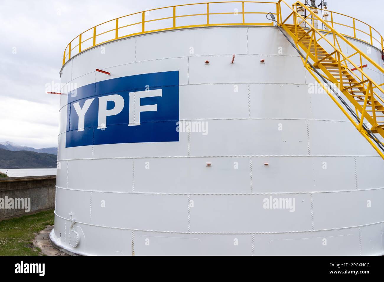Ushuaia, Argentina - January 27, 2023: An YPF oil tank at an oil ...