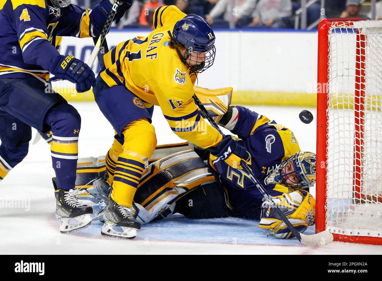 Merrimack goalie Zachary Borgiel (29) stops a shot by Quinnipiac ...