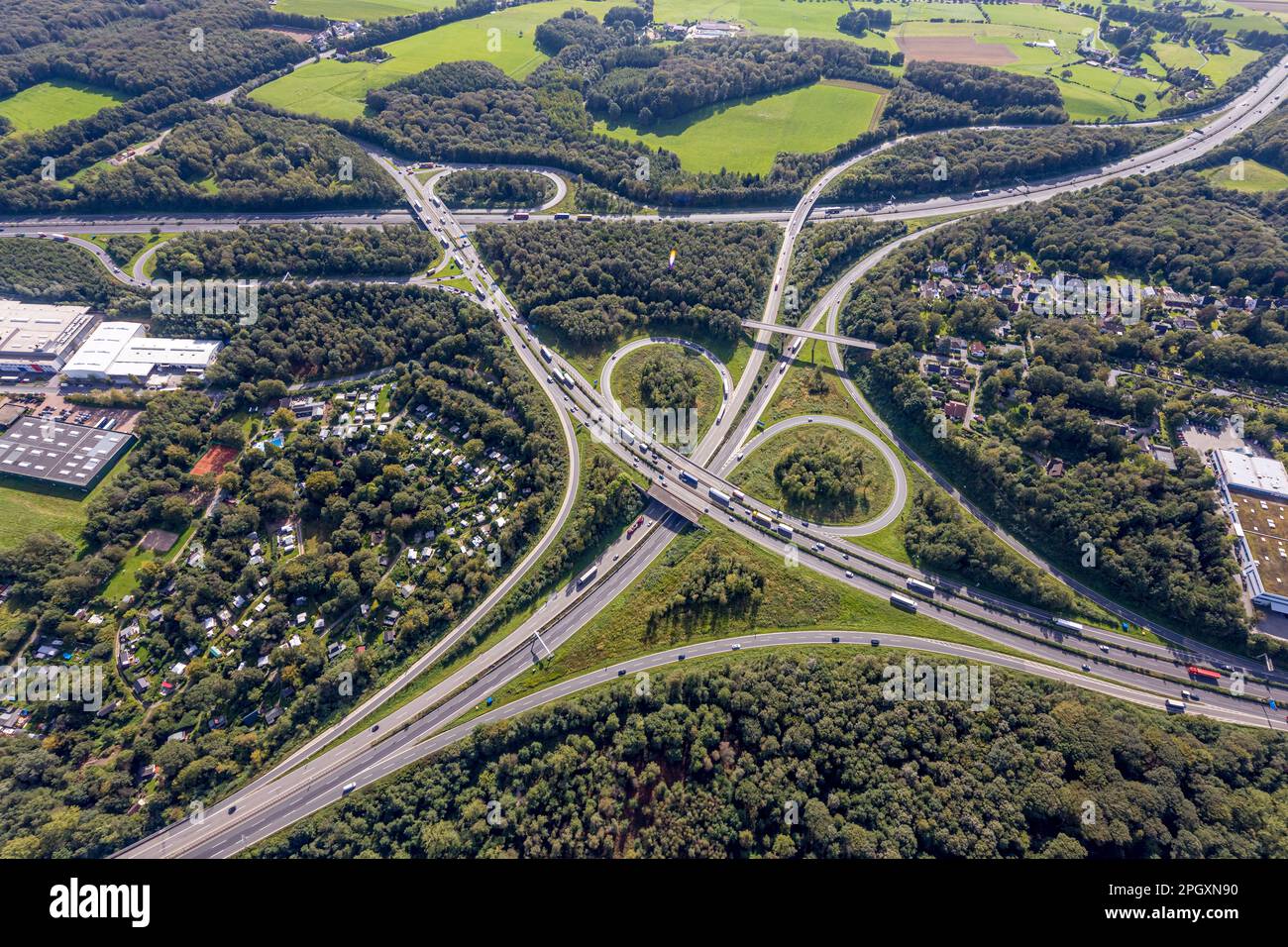 Aerial view, freeway junction Wuppertal-Nord with A1 and A43 and A46 in ...