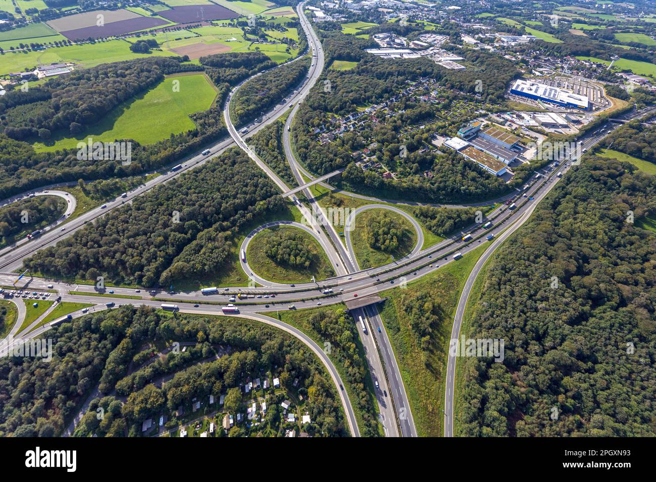 Aerial view, freeway junction Wuppertal-Nord with A1 and A43 and A46 in ...