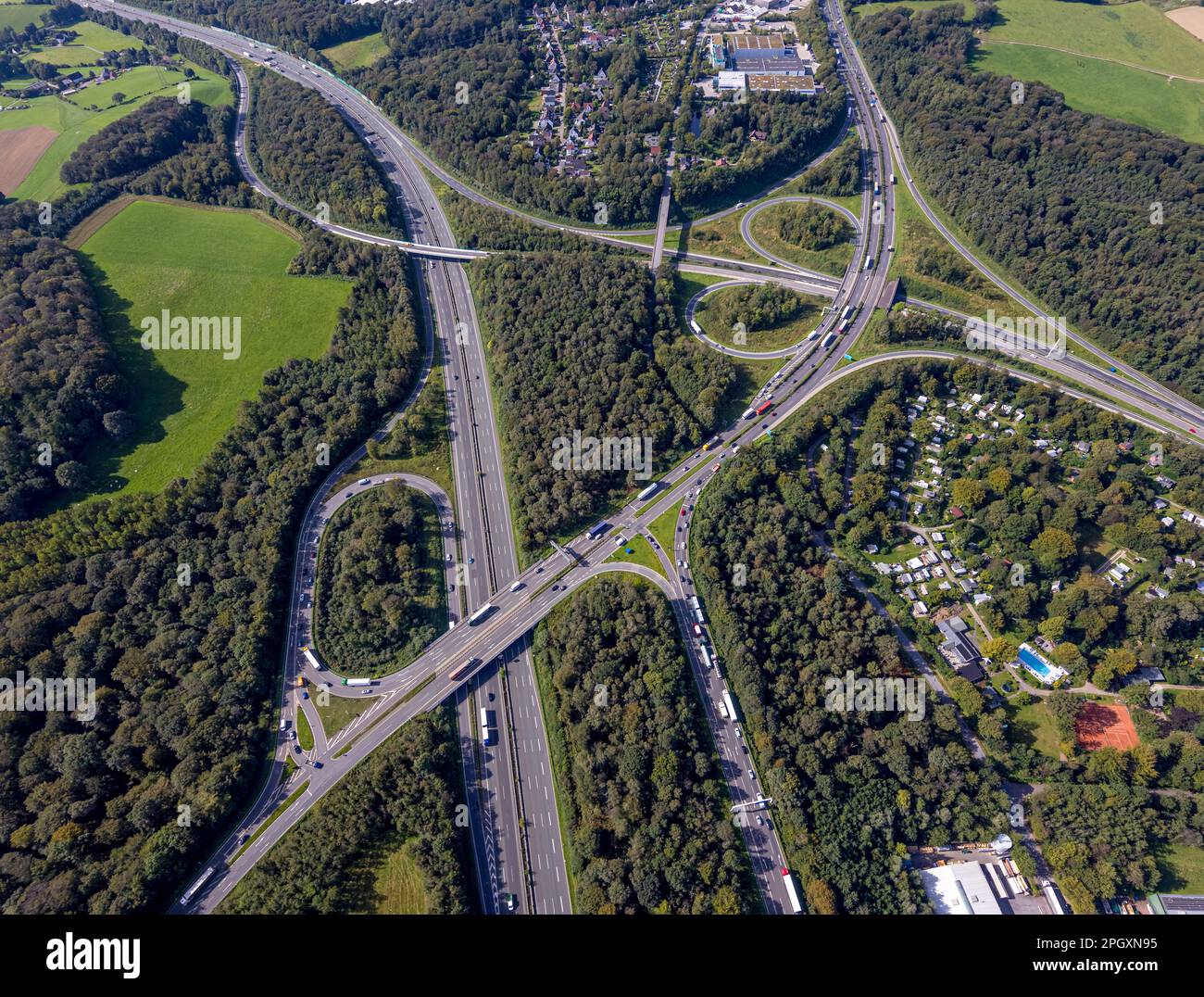 Aerial view, freeway junction Wuppertal-Nord with A1 and A43 and A46 in ...