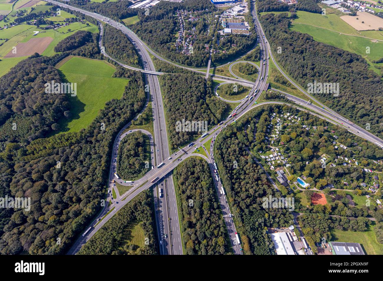 Aerial view, freeway junction Wuppertal-Nord with A1 and A43 and A46 in ...