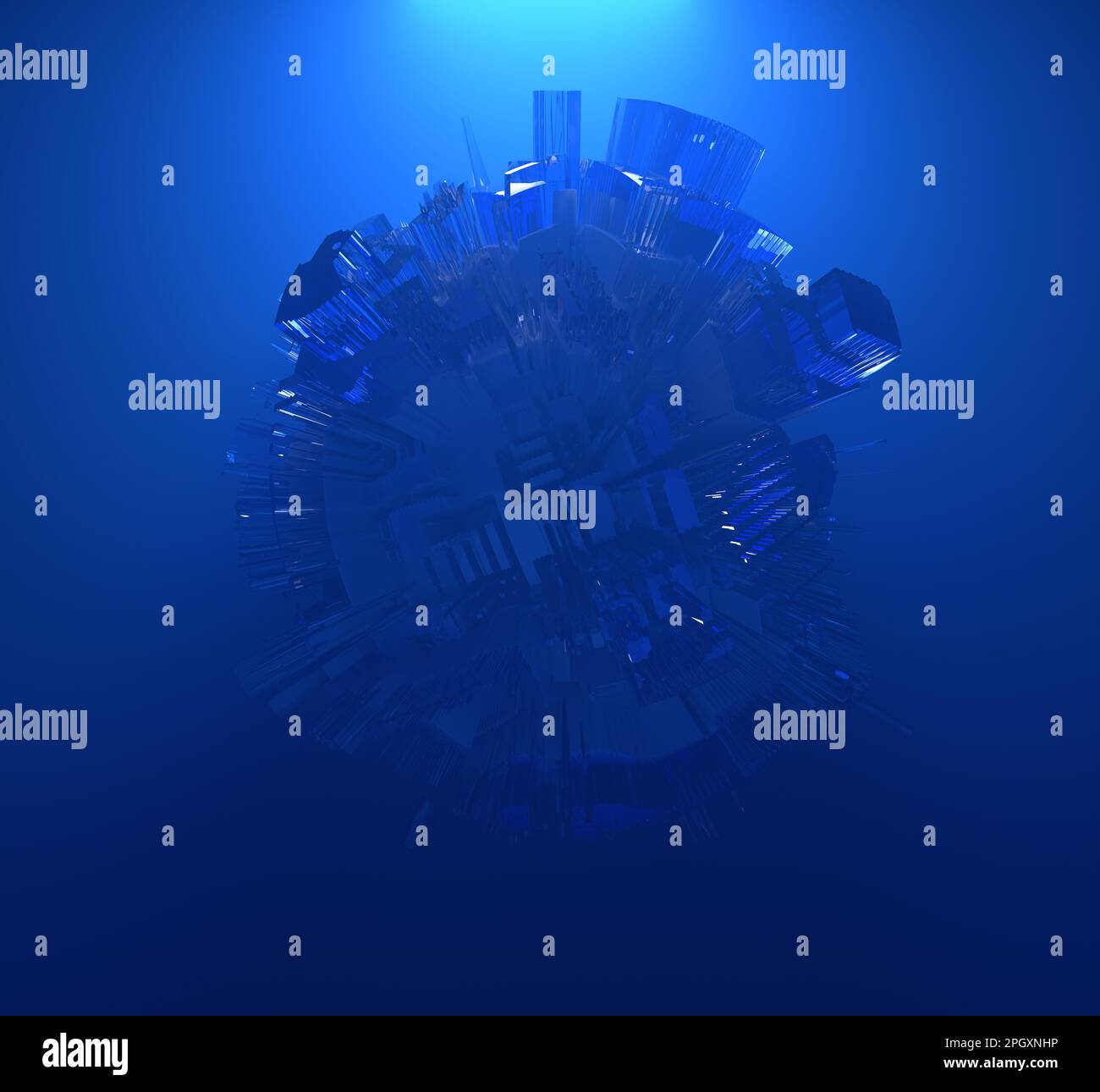 An abstract 3d rendering of a cityscape on a sphere planet in a blue ...