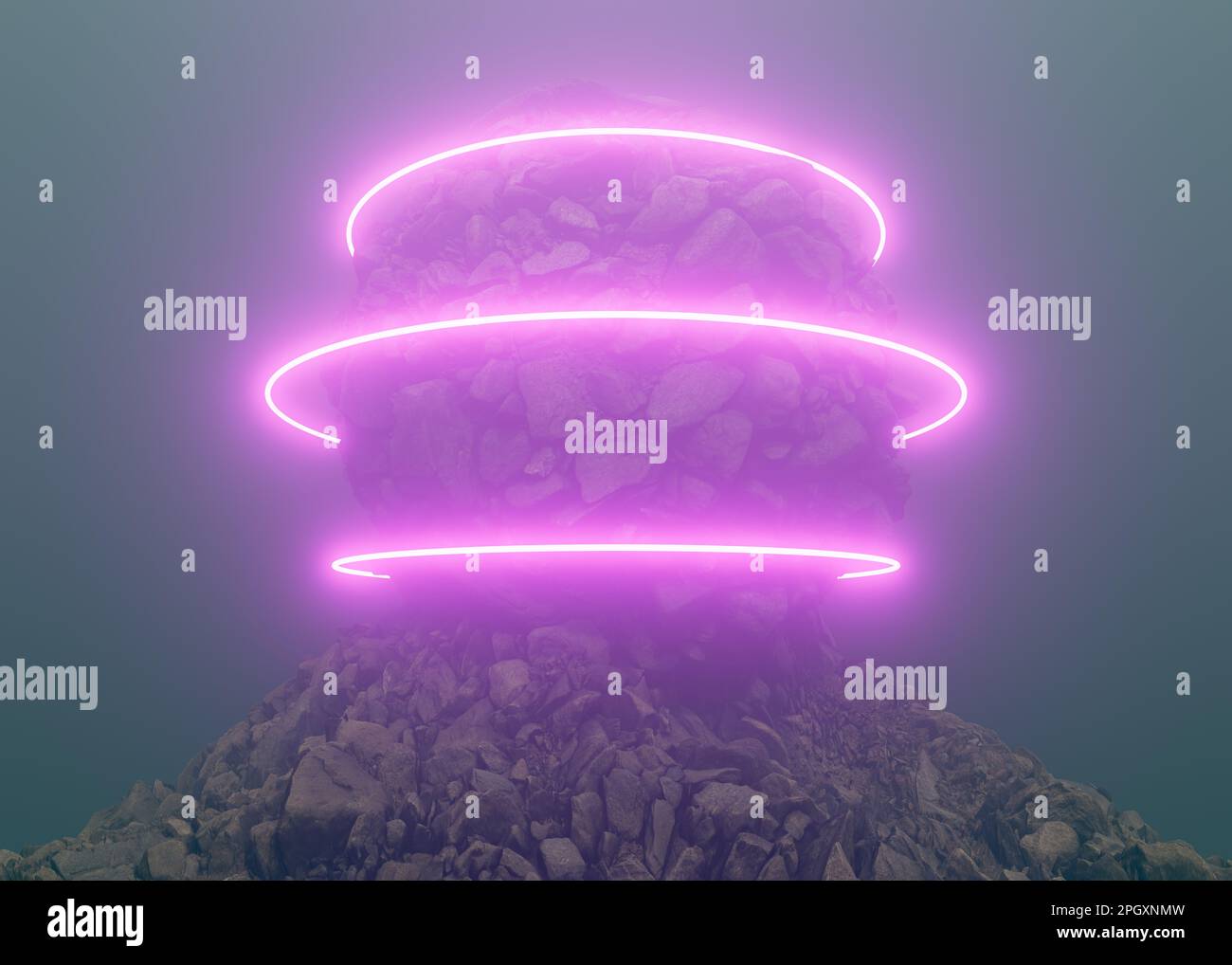 An abstract concept of magenta colored neon tubes surrounding a sphere ...