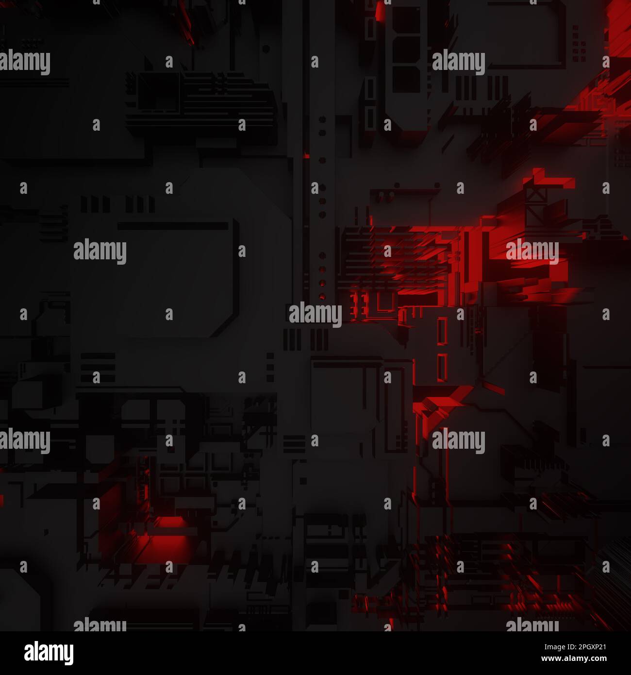 An abstract futuristic cyberpunk greeble wall texture backlit with red ...