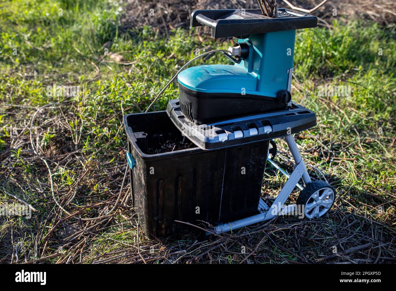 collection box from Garden Shredder Filled with shredded branches and ...