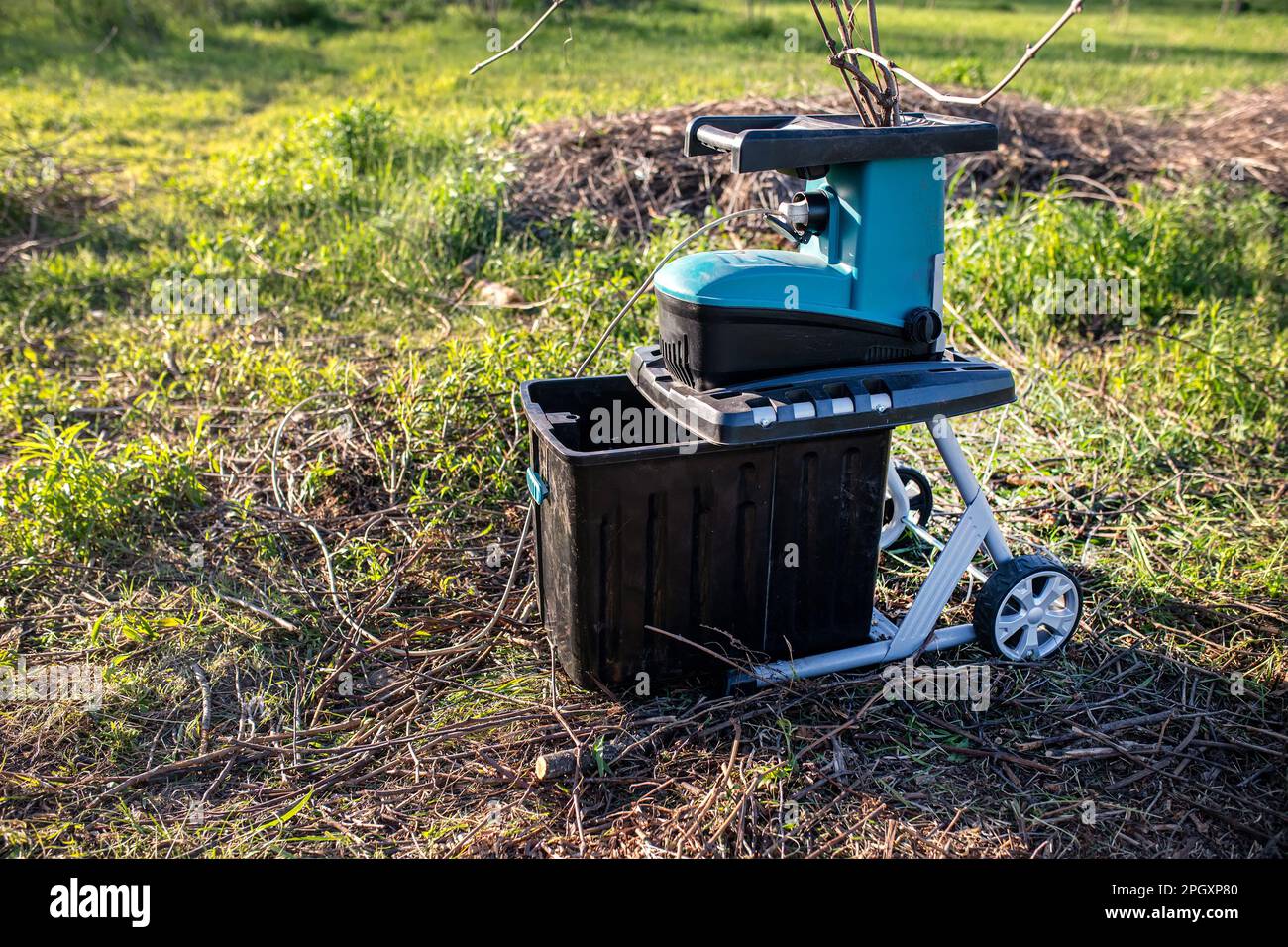 garden shredder was turned on in the net on the lawn next to a pile of ...