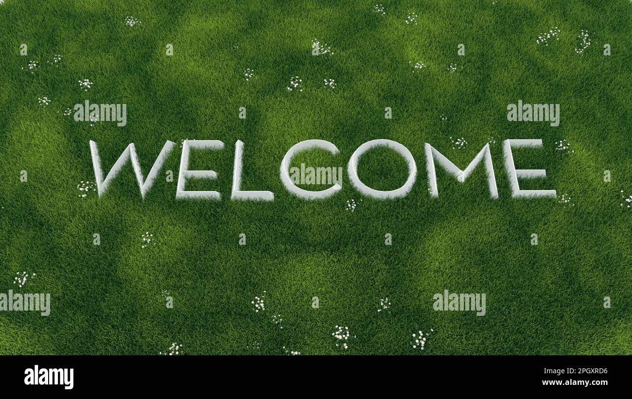 A digitally rendered 3D scene of a WELCOME sign embedded into a grassy ...