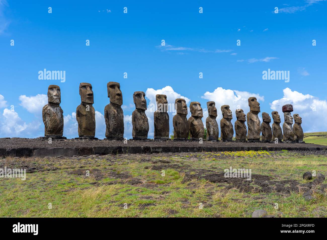 15 moai statues facing inland at Ahu Tongariki in Rapa Nui National ...