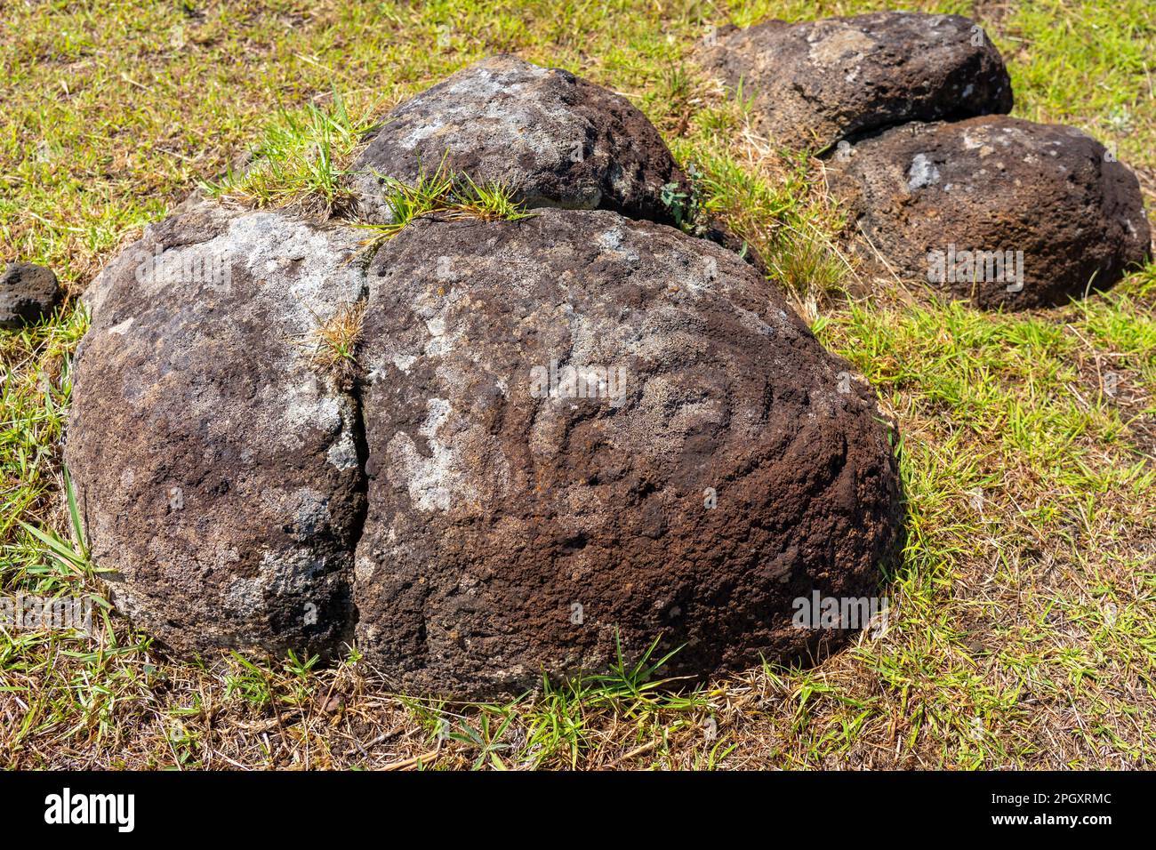 Petroglyphs of birdmen on the rock at the ceremonial site of Orongo in ...