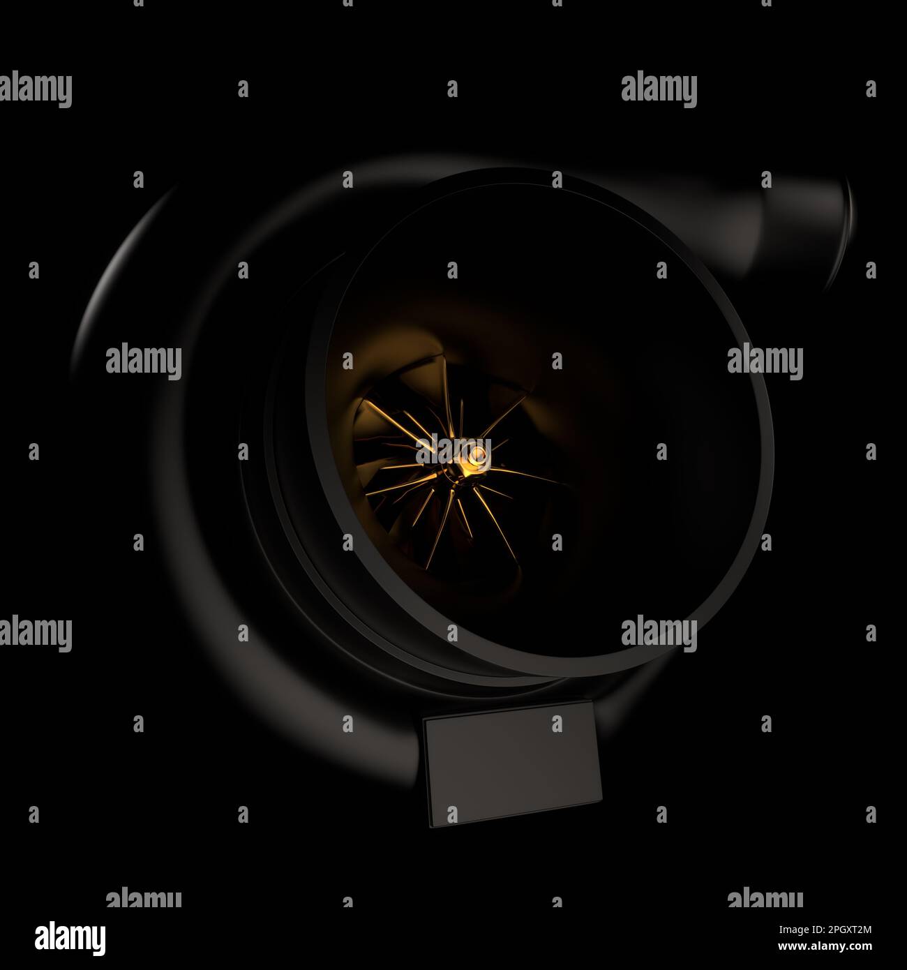 A 3D rendering of a gold compressor wheel in a black matte turbo ...