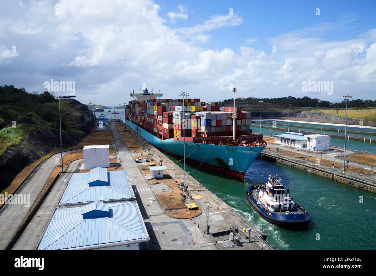 A cargo ship transits the Agua Clara locks of the Panama Canal in Agua ...