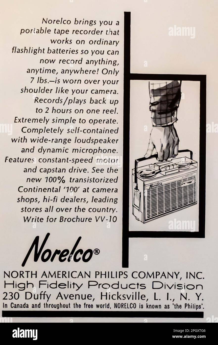 Philips Norelco portable tape recorder advert in a Natgeo magazine ...
