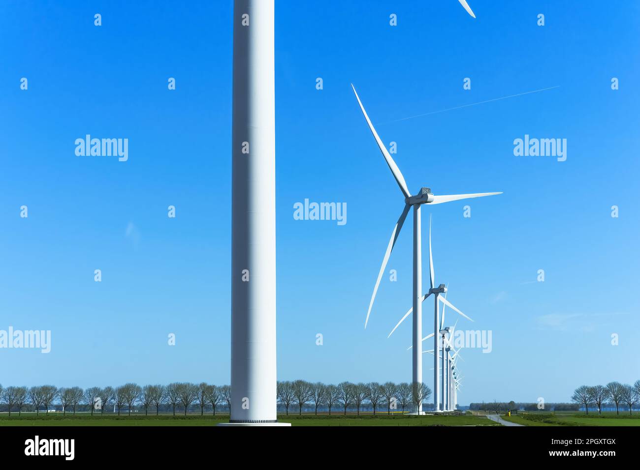 Row of wind turbines, blue sky background. Banner with many wind ...