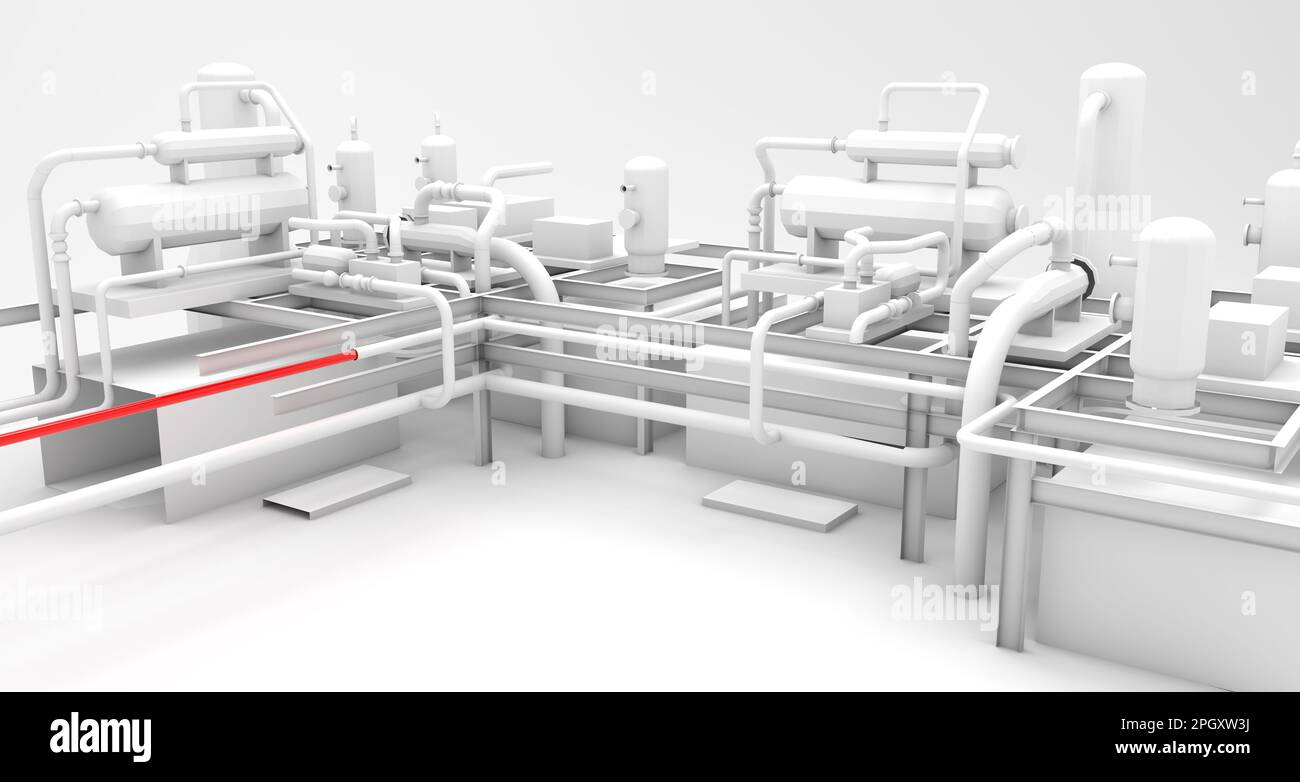 A wide overhead view of an abstract factory with tanks and pipes ...