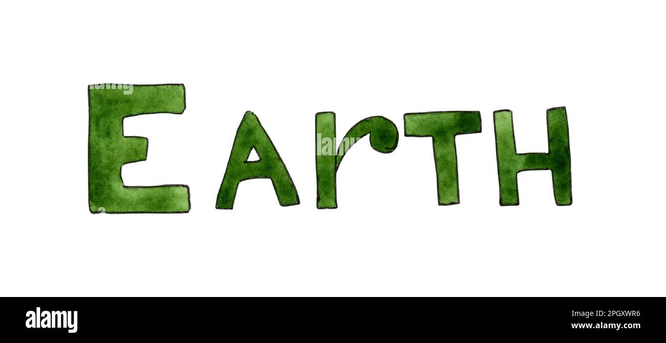 Watercolor illustration with green letters Earth. Ecological design ...