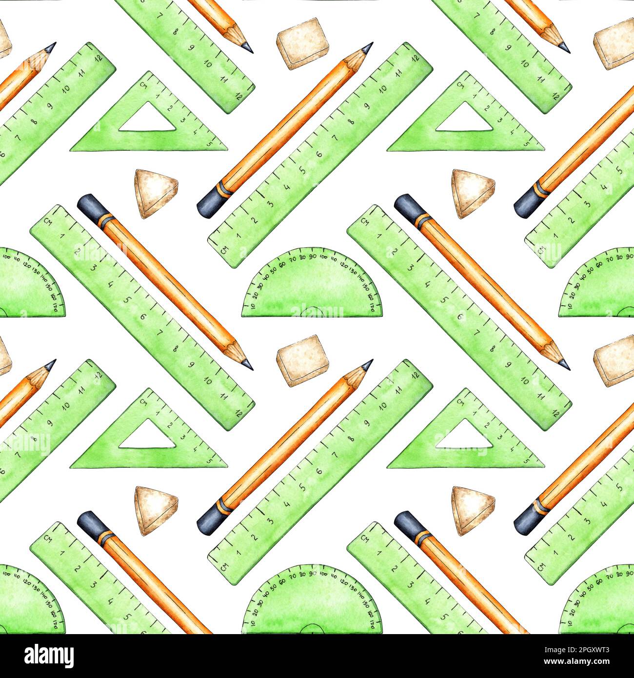 Watercolor illustration of a pattern of green plastic measuring rulers ...