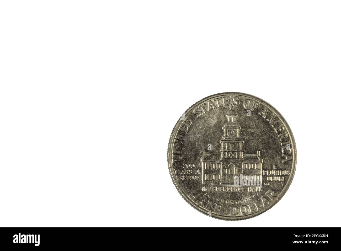 Close up view of old reverse side of half USA dollar coin from 1976 ...