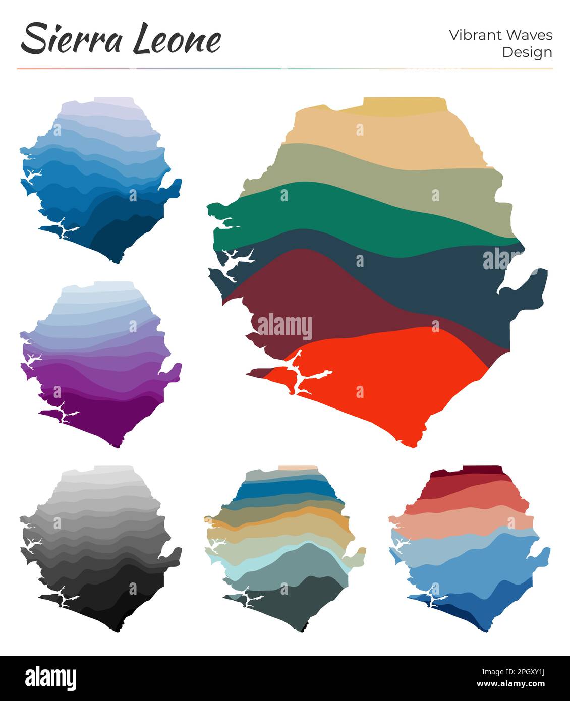 Set of vector maps of Sierra Leone. Vibrant waves design. Bright map of country in geometric ...