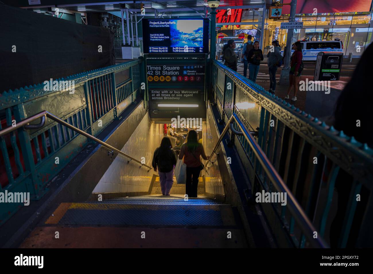 Night view of entering subway at Times Square Station, 42nd Street on ...