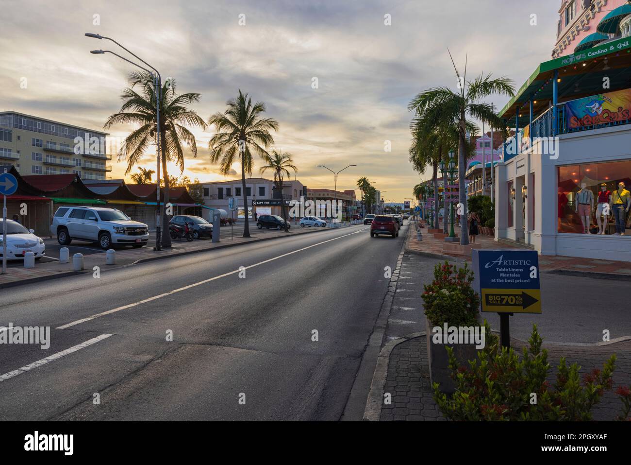 Beautiful view of highway with cars in downtown of Oranjestad Aruba ...