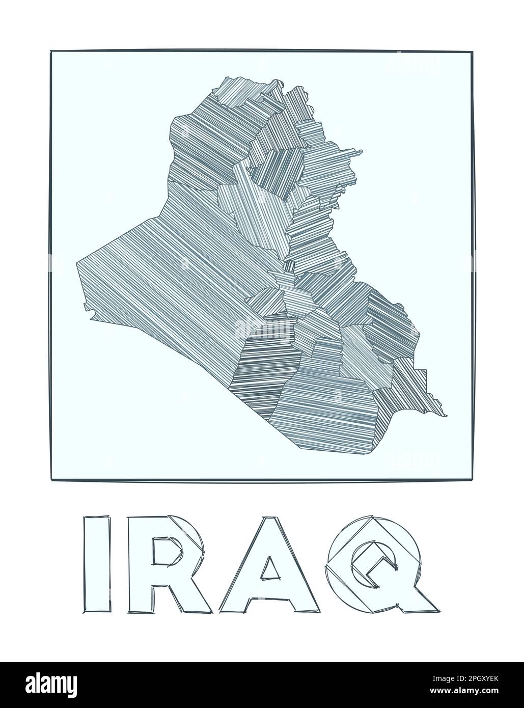 Sketch map of Republic of Iraq. Grayscale hand-drawn map of the country ...