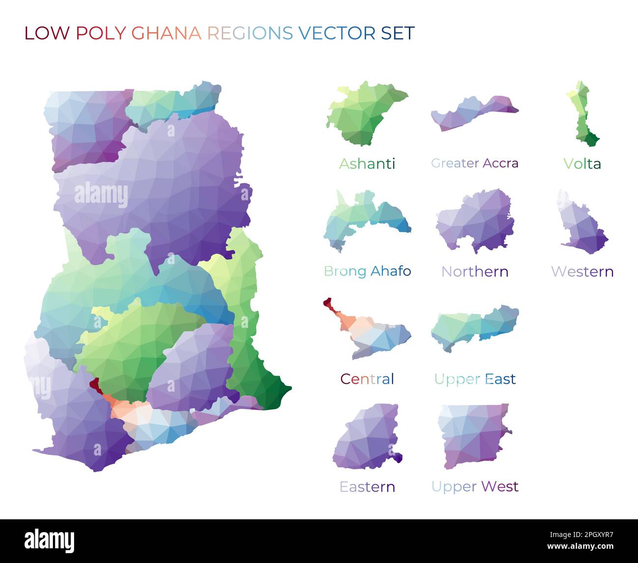 Ghanaian low poly regions. Polygonal map of Ghana with regions. Geometric maps for your design ...