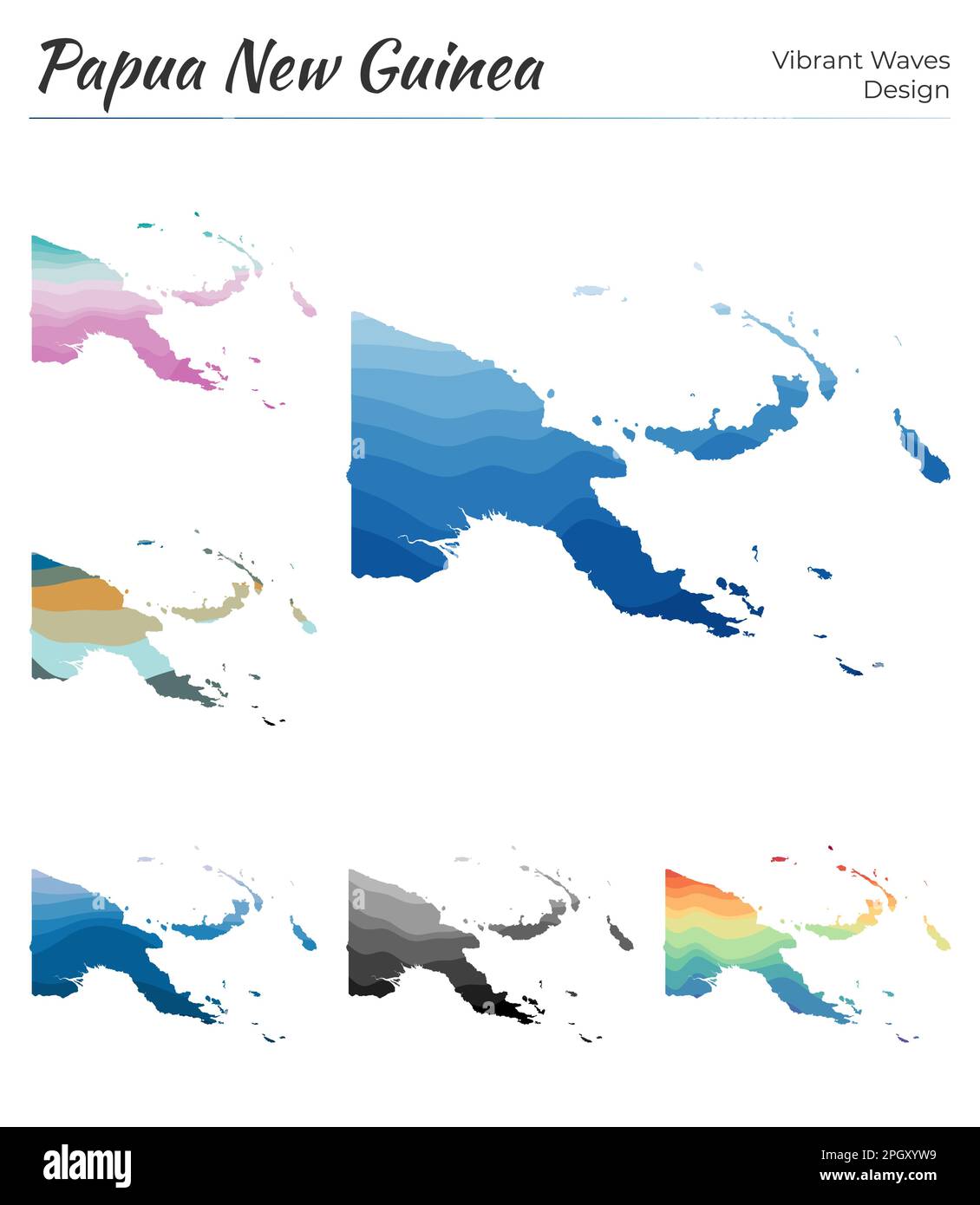 Set of vector maps of Papua New Guinea. Vibrant waves design. Bright ...